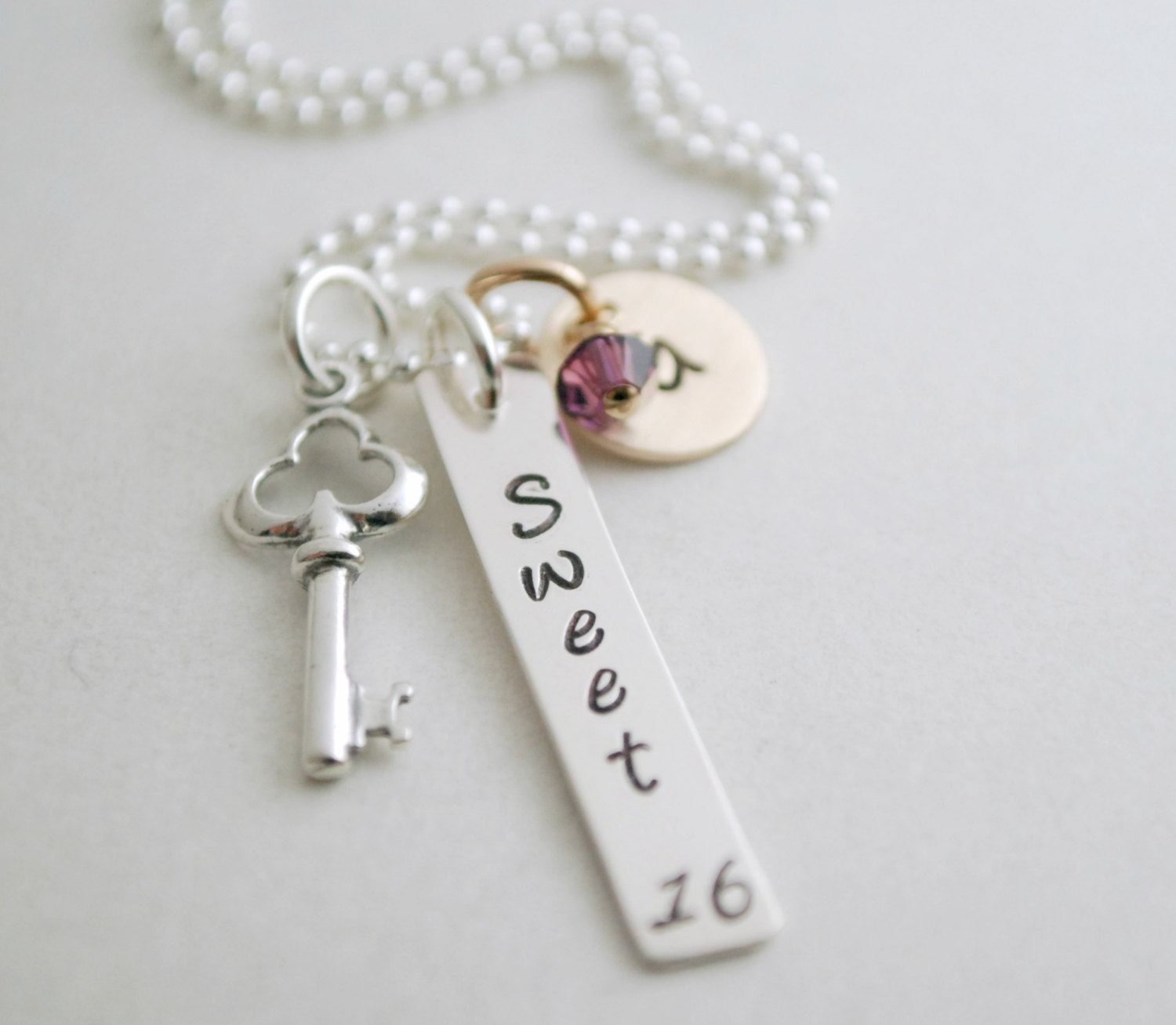Personalized Sweet 16 Necklace with Gold Initial Charm and Birthstone ...