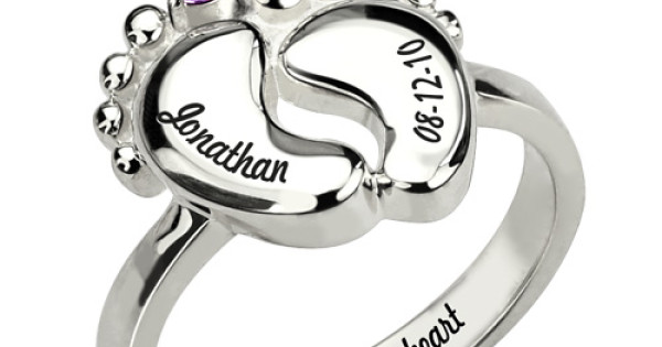 Engraved Baby Feet Personalised Ring with Birthstone Sterling Silver ...