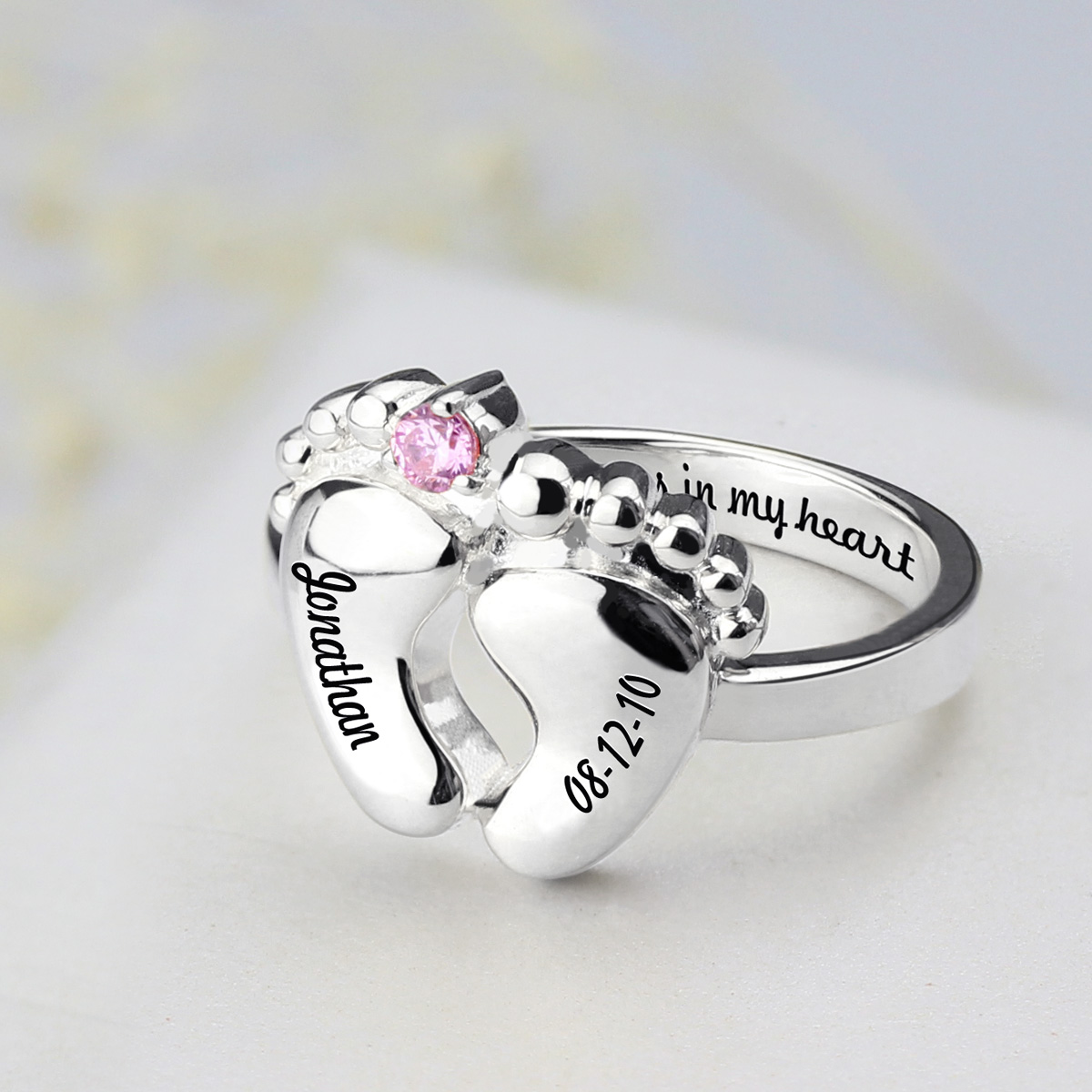 Engraved Baby Feet Personalised Ring with Birthstone Sterling Silver - AMAZINGNECKLACE.COM