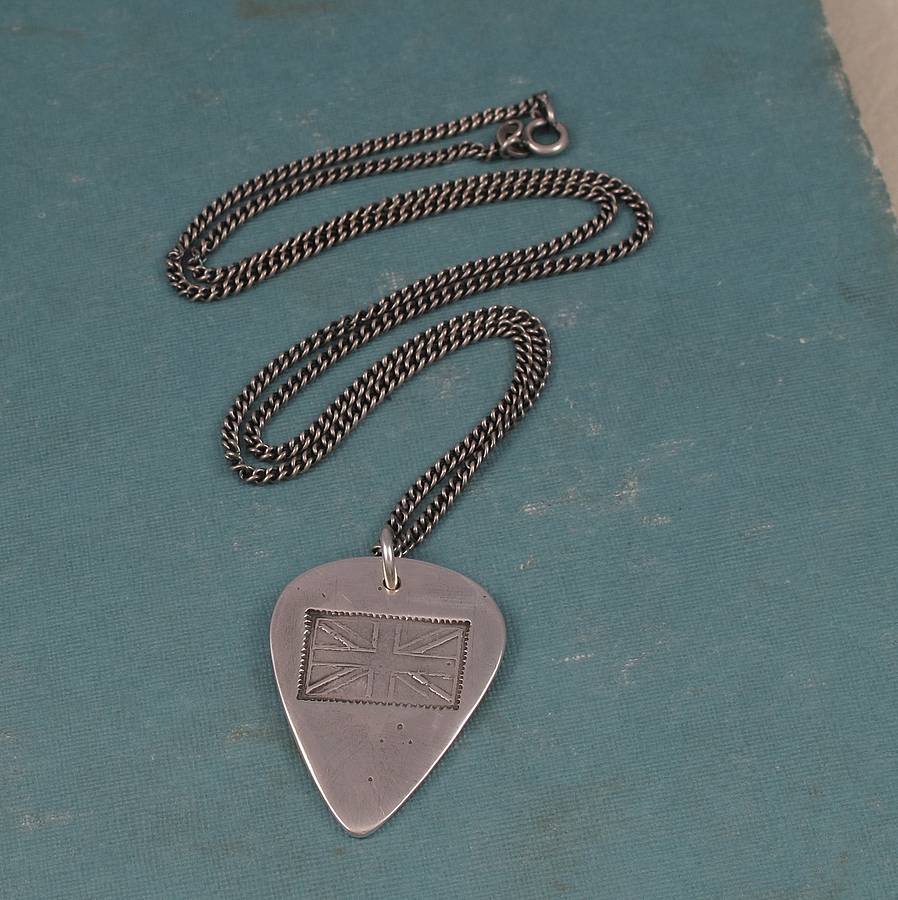 British Flag Stamp Silver Plectrum Personalised Necklace ...
