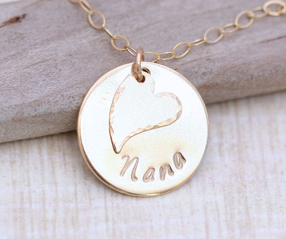 Personalized Nana Necklace Gold Mothers Necklace Grandmother Necklace Custom Stamped Name Necklace Personalized Gold Necklace with Heart